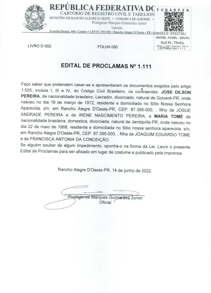 Edital de Proclamas – José Dilson Pereira e Maria Tomé | Tribuna da Região