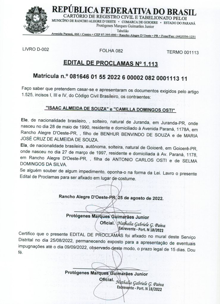 Edital de Proclamas – Isaac Almeida de Souza e Camilla Domingos Osti ...