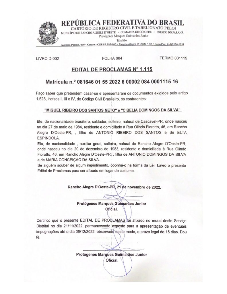Edital de Proclamas – Miguel Ribeiro dos Santos Neto e Cibelia Domingos ...